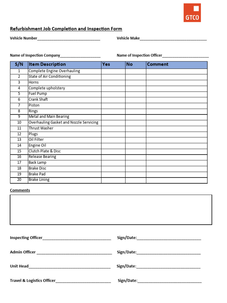Refurbishment Job Completion and Inspection Form - Henry | PDF