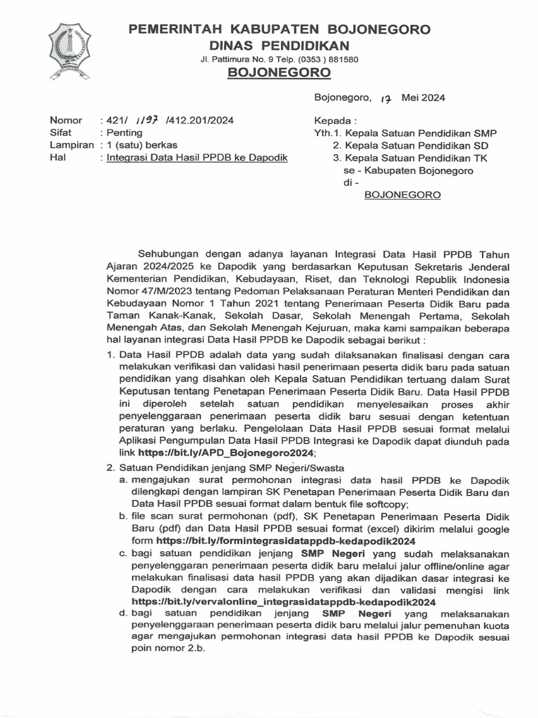 2024 05 20 - Surat Dinas-Integrasi Data PPDB Ke Dapodik | PDF