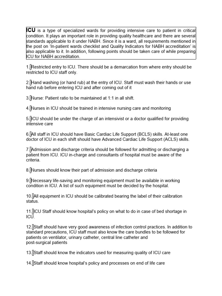 ICU NABH Accreditation Checklist | PDF | Intensive Care Unit | Hospital
