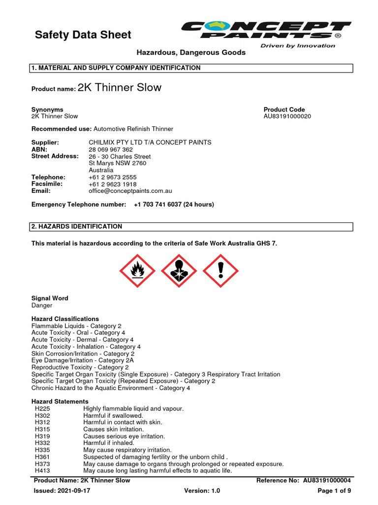 2K Thinner Slow-SDS - Aust | PDF | Dangerous Goods | Toxicity
