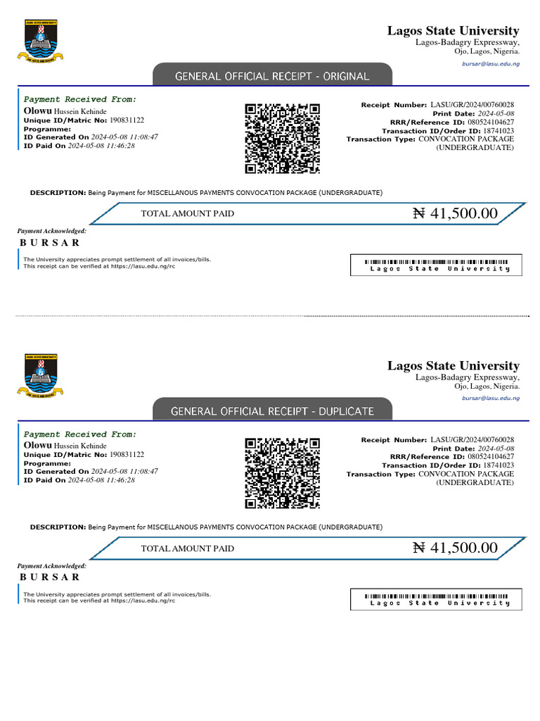 LASU Convocation Payment Receipt 2024 | PDF | Receipt | Payments