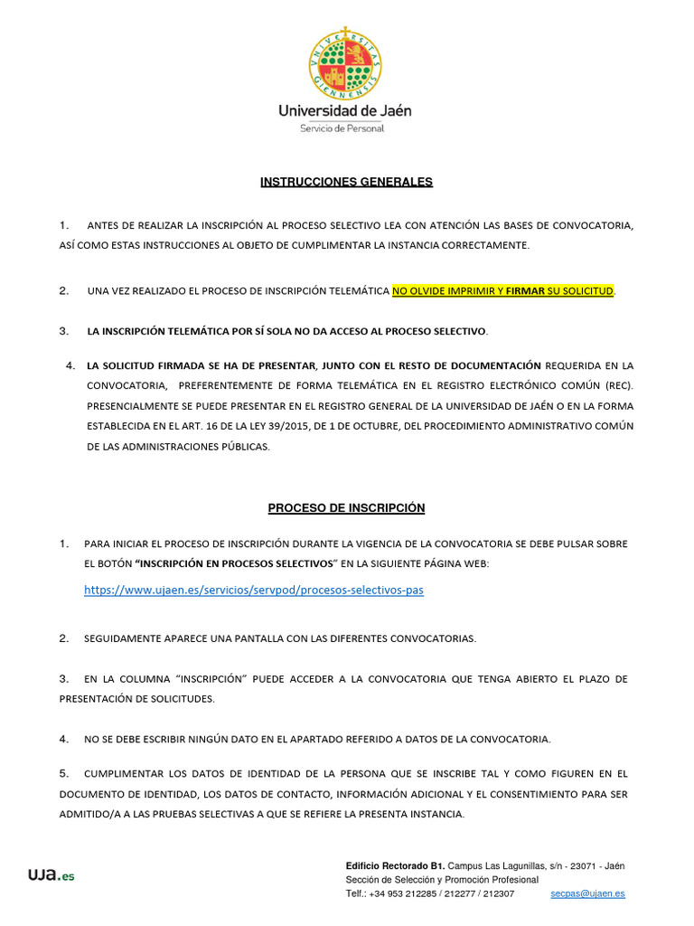 INSTRUCCIONES INSCRIPCIÓN CONCURSO-OPOSICIÓN UJA 2021 V.2 Agosto | PDF
