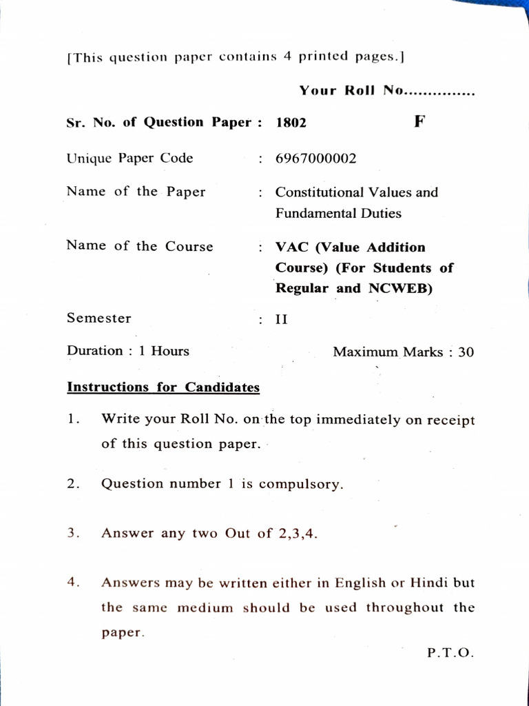 Constitutional Values Question Paper | PDF