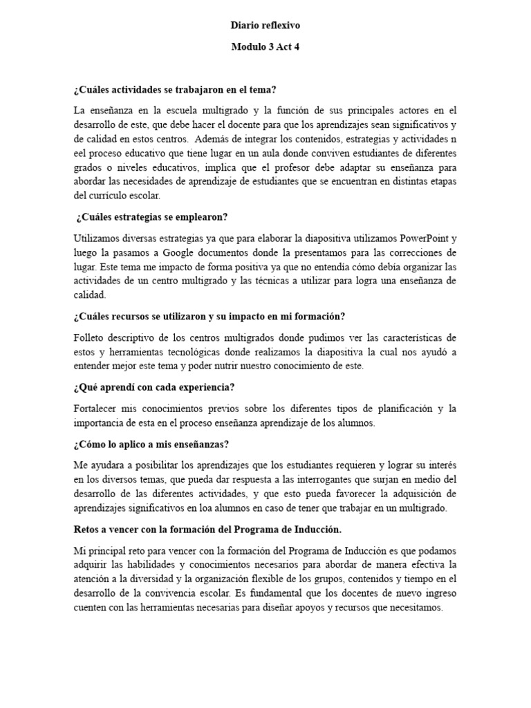 Diario Reflexivo Modulo 3 Act 4 | PDF | Enseñando | Aprendizaje