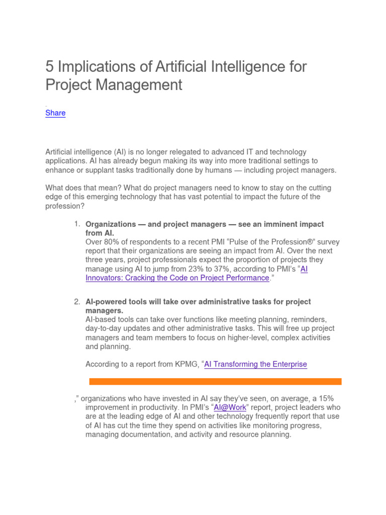 5 Implications of Artificial Intelligence For Project Management | PDF | Artificial Intelligence ...