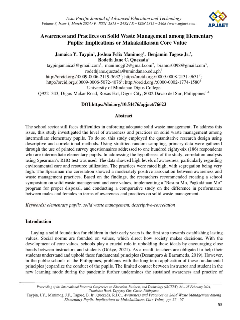 Awareness and Practices on Solid Waste Management Among Elementary ...