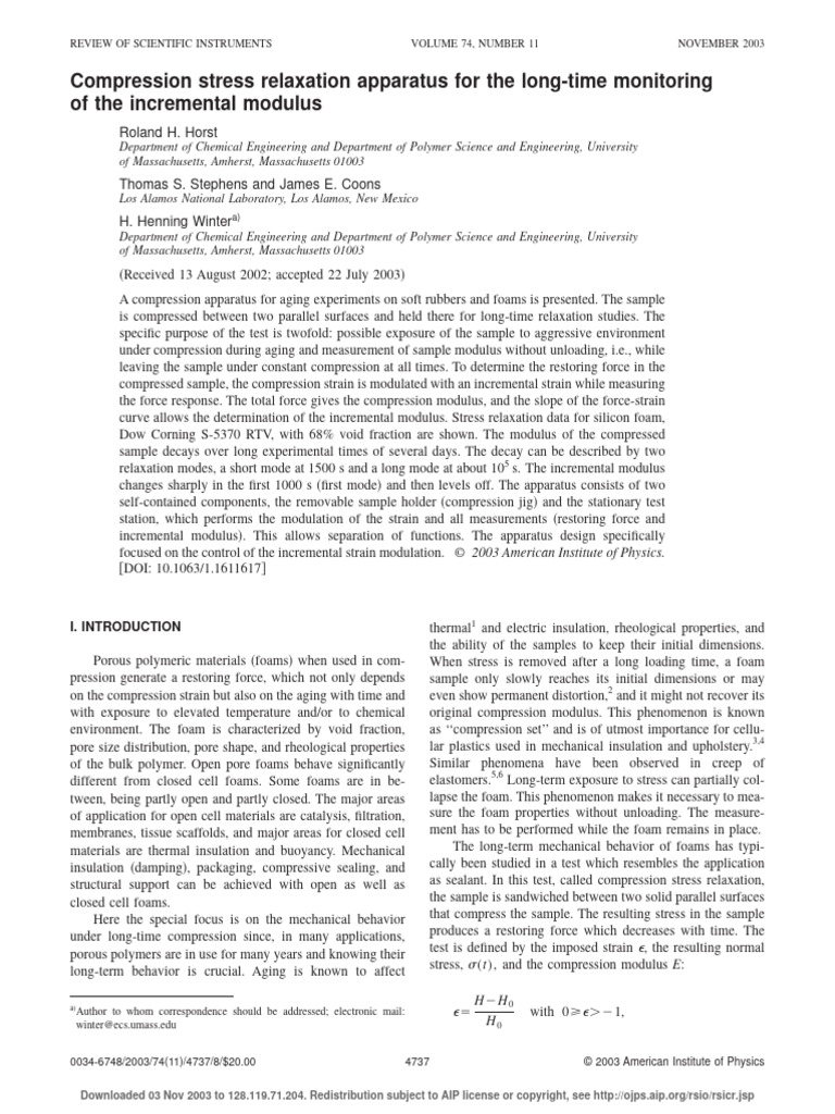 Compression Stress Relaxation Apparatus For The Long-Time Monitoring of ...