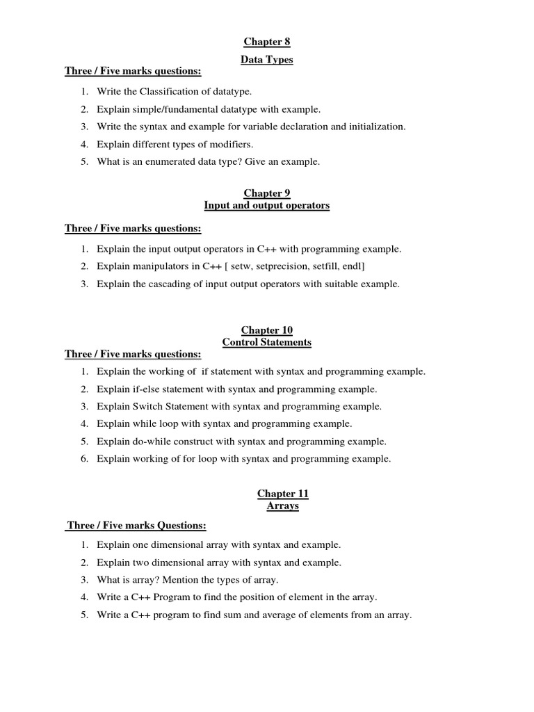 Chapterwise Quesions I Puc Pdf Parameter Computer Programming Data Type