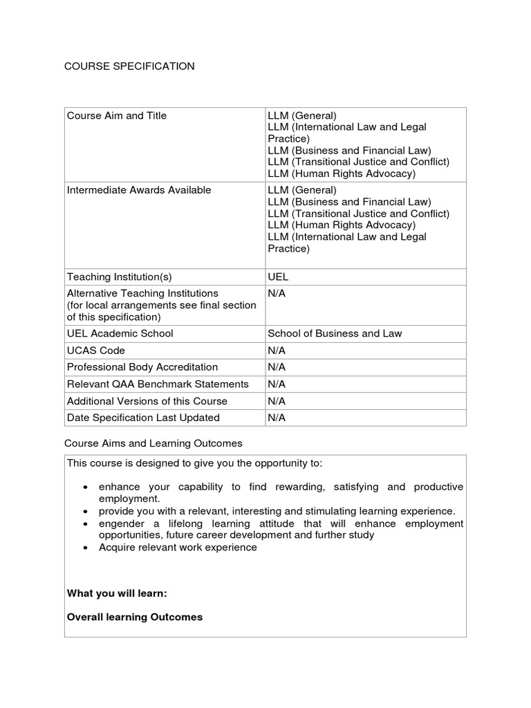 Course Specification - LLM | PDF | Business | Learning