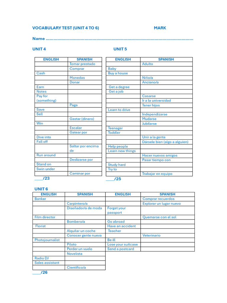 Vocabulary Test (Unit 4 To 6) | PDF