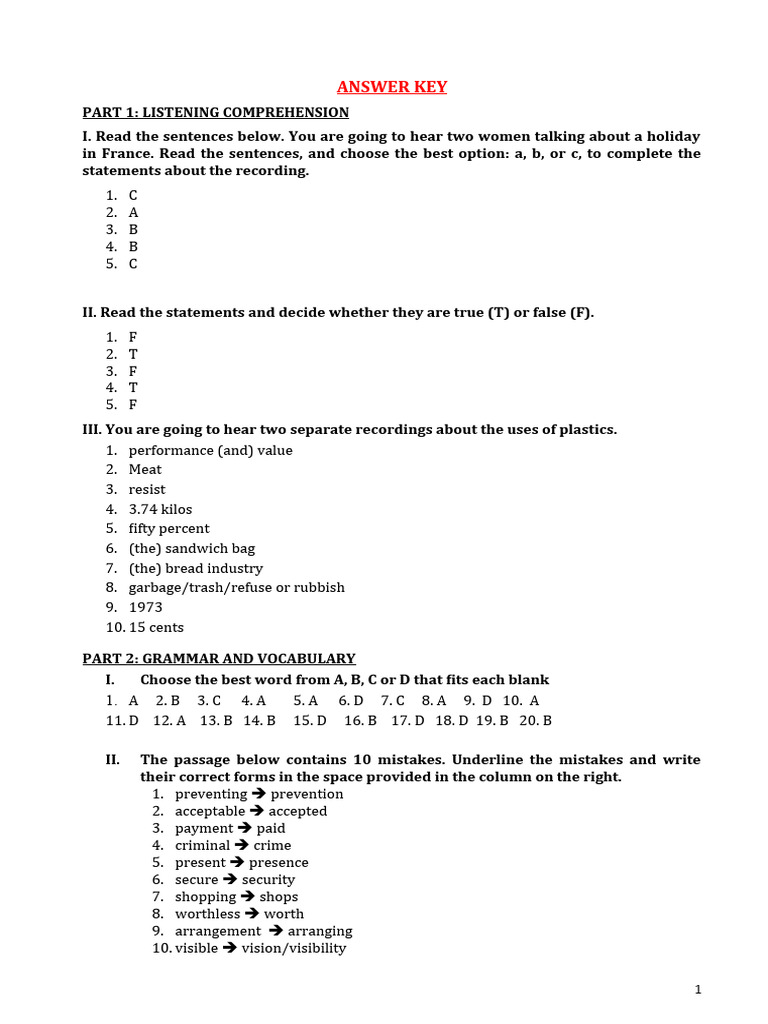Listening and Grammar Comprehension Answers | PDF