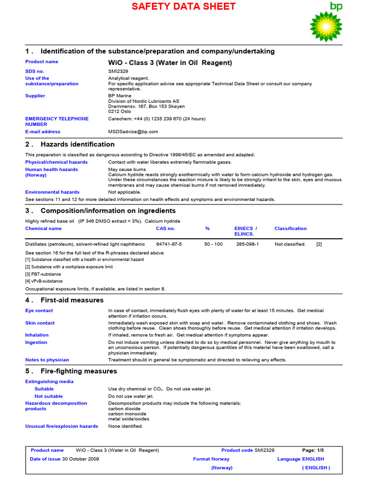 Msds English WiO - Class 3 (Water in Oil Reagent) Castrol | Download Free PDF | Waste | Waste ...