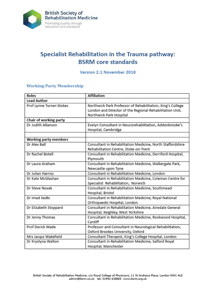 Specialist Rehabilitation in The Trauma Pathway BSRM Core Standards | PDF | Physical Therapy ...