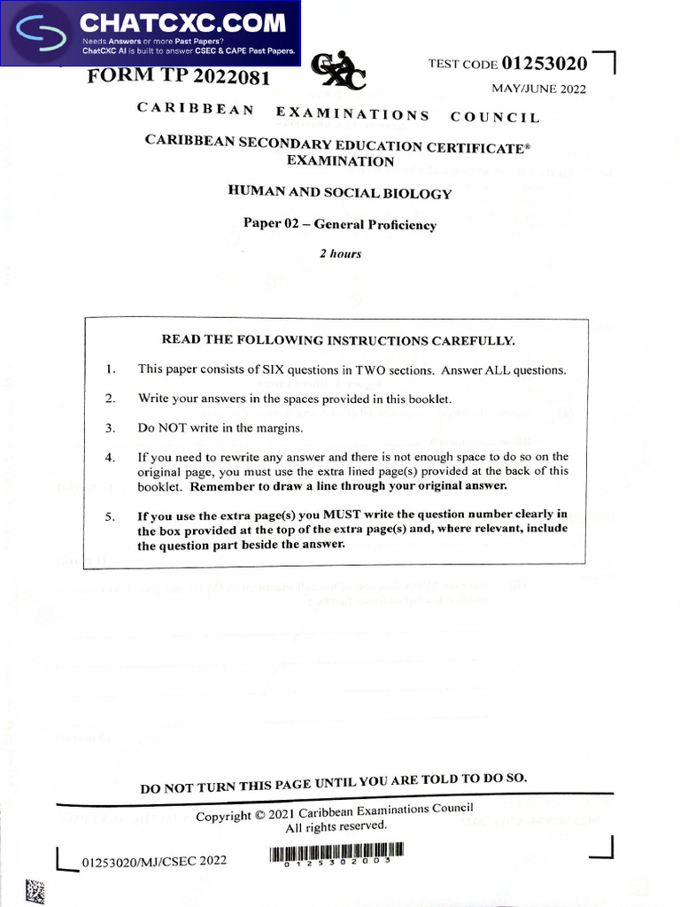 CSEC Human and Social Biology P2 2022 | PDF