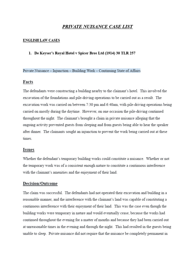 De Keyser's Hotel v Spicer Bros: Nuisance Case | PDF | Negligence ...