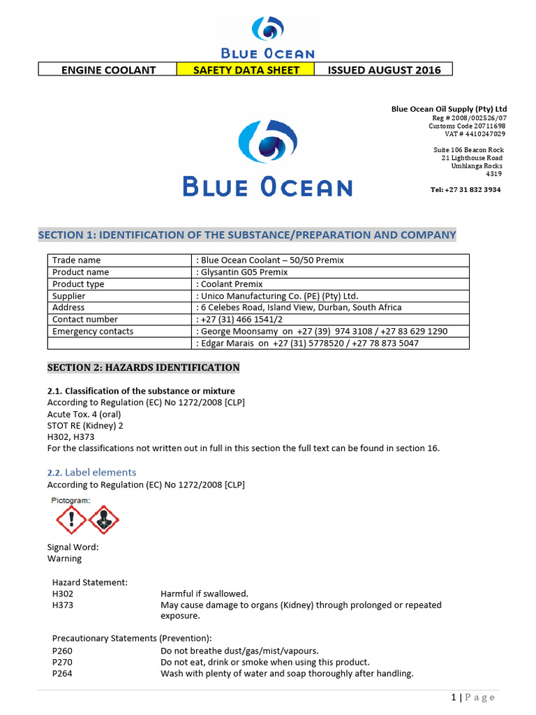 Blue Ocean Coolant MSDS Eng | PDF | Dangerous Goods | Toxicity