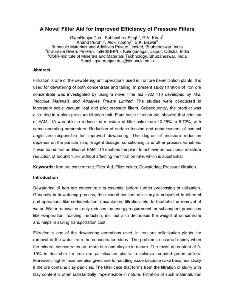 A Novel Filter Aid For Improved Efficiency of Pressure Filters | PDF ...