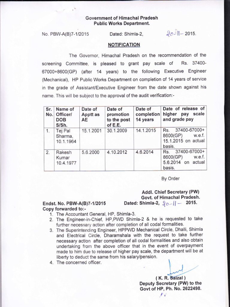 Grant Pay Scale To EE (Mech.) HPPWD | Download Free PDF | Government ...