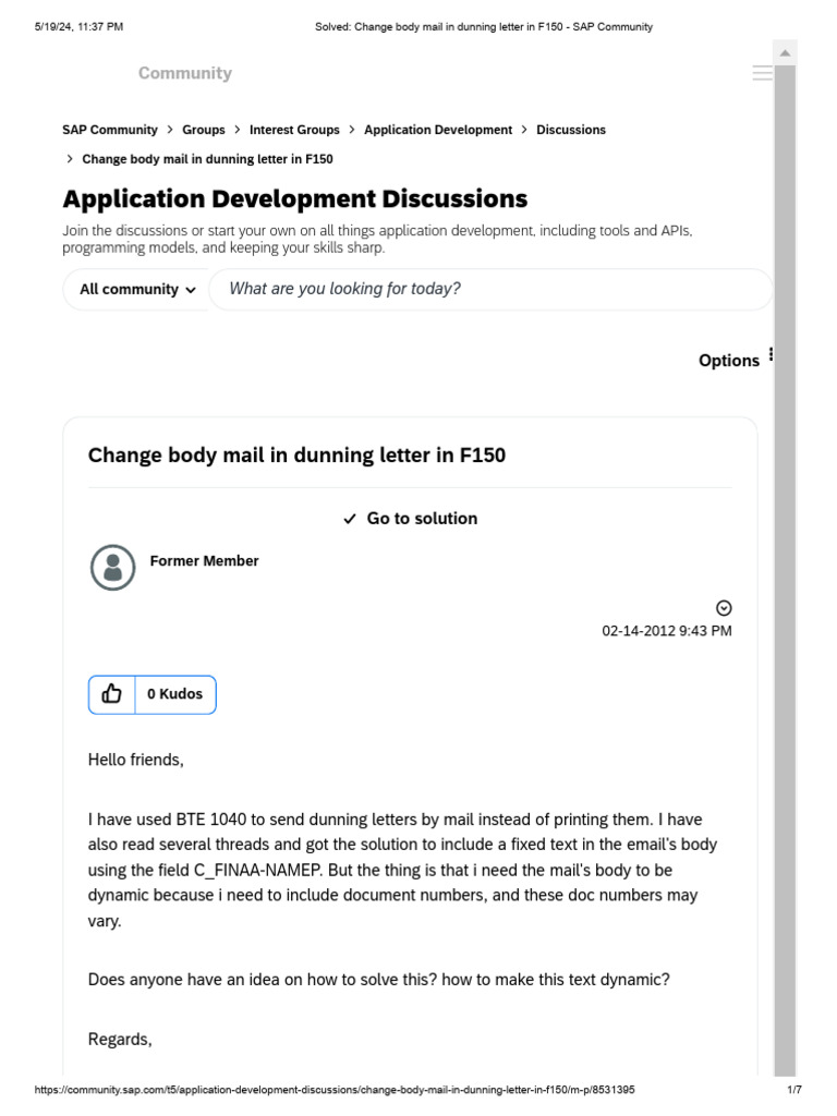 Solved - Change Body Mail in Dunning Letter in F150 - SAP Community ...