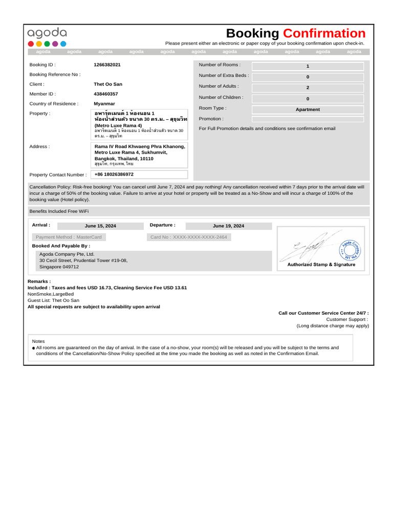 Confirmation For Booking ID # 1266382021 | PDF | Payments