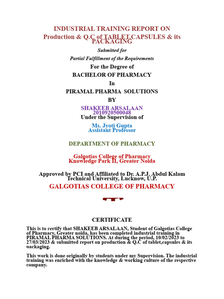 Industrial Report Format Arsalaan | PDF | Pharmaceutical Sciences ...