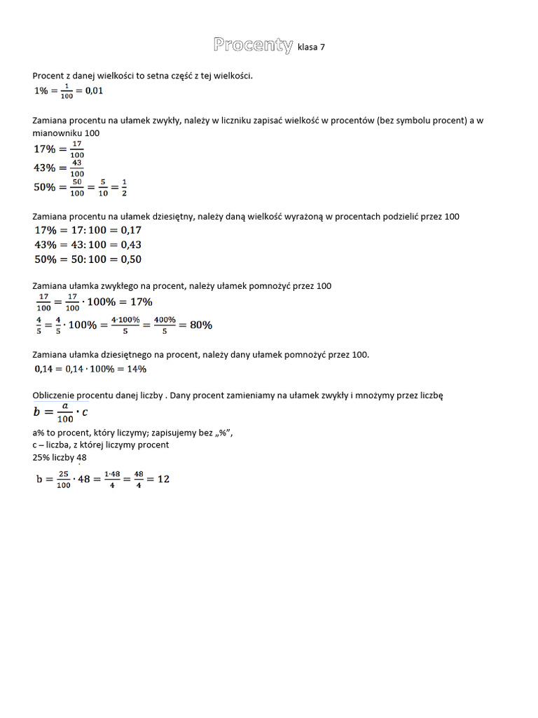 Procenty Teoria I Ćwiczenia | PDF