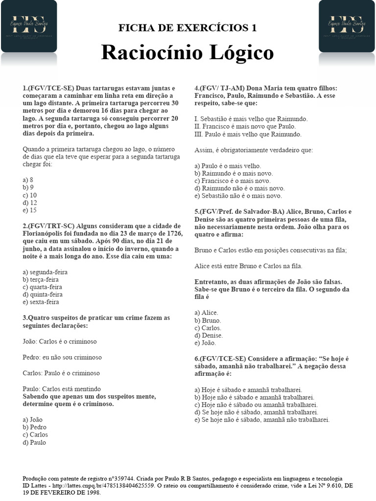 Ficha de Exercícios AADEE - Raciocínio Lógico | PDF | Proposição | Verdade