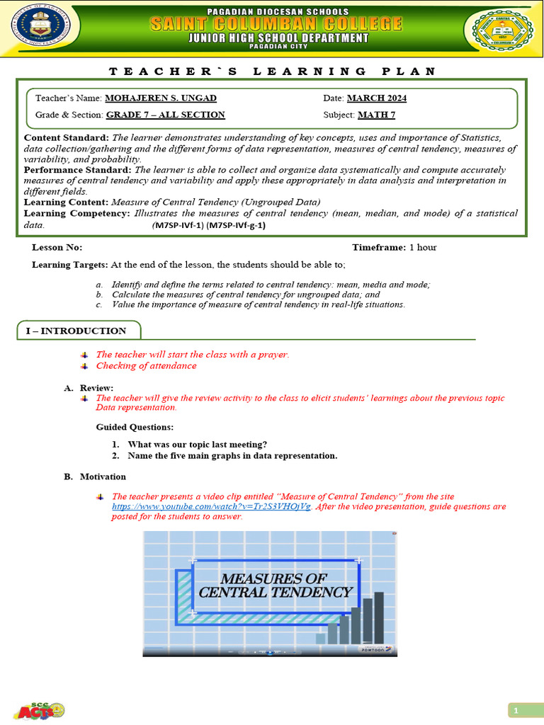 G7 LP Central Tendency 3is | PDF | Mean | Mode (Statistics)