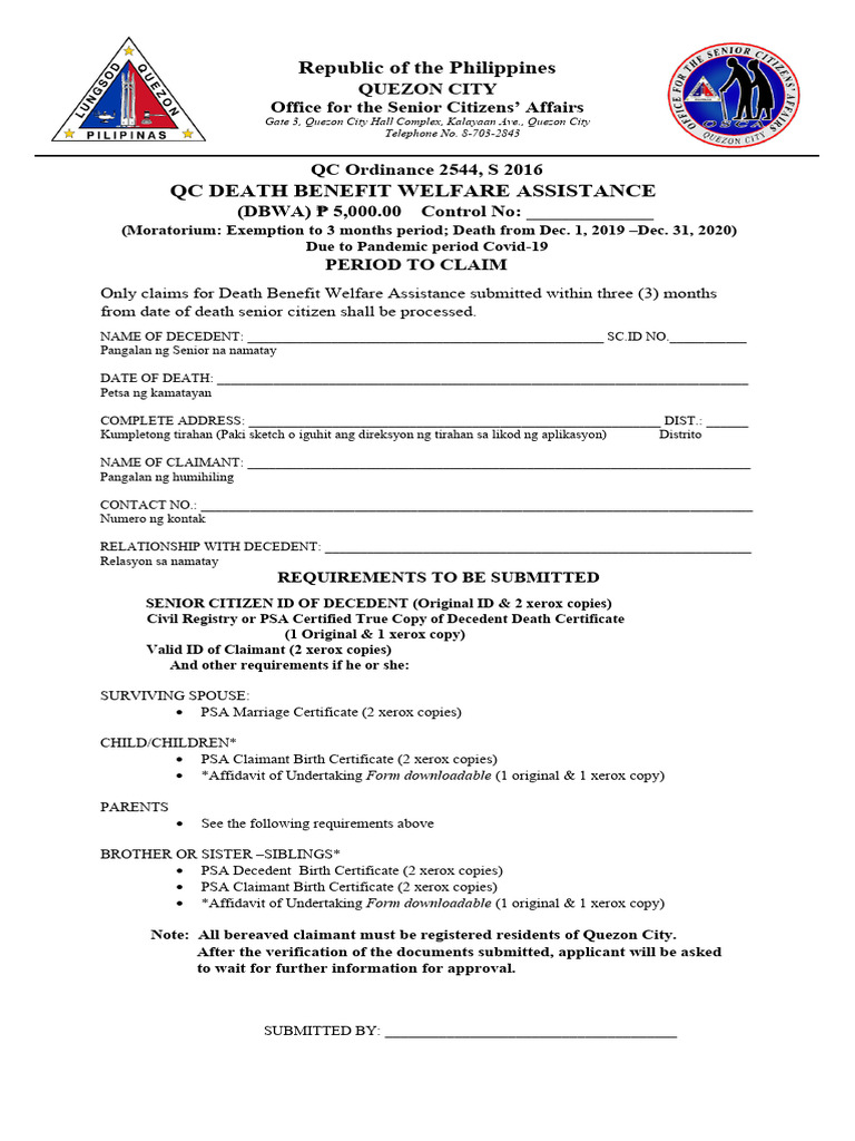 Death Benefit Welfare Assistance Form | PDF | Birth Certificate ...