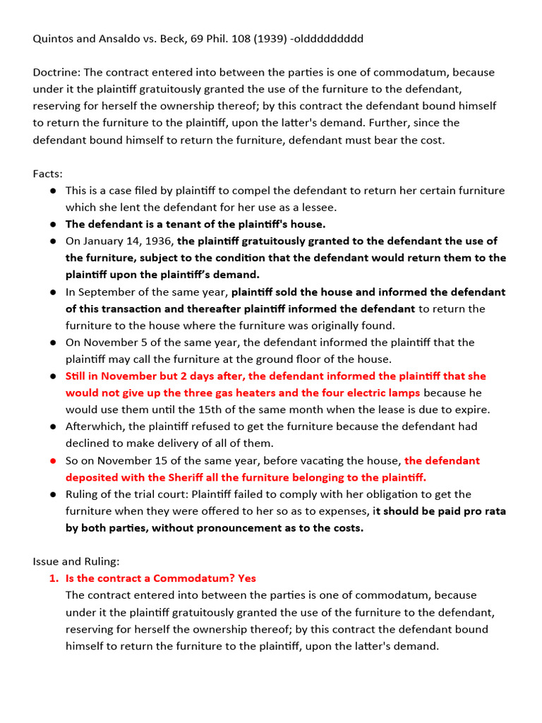 Commodatum Case: Quintos vs. Beck | PDF | Lease | Private Law