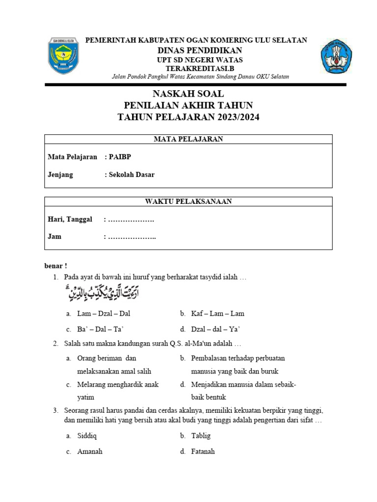 Soal PAT PAI Kelas 5 K13 | PDF