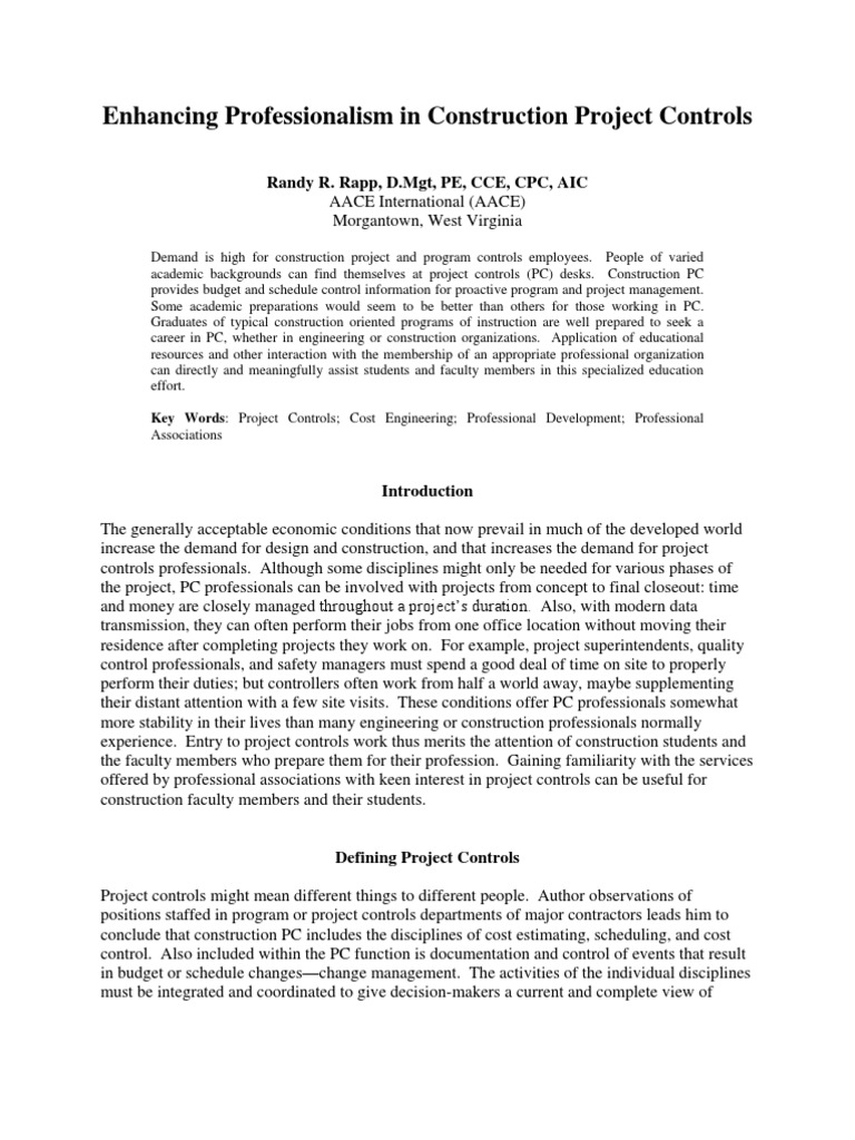 Enhancing Professionalism in Construction Project Controls: Randy R. Rapp, D.MGT, PE, CCE, CPC ...