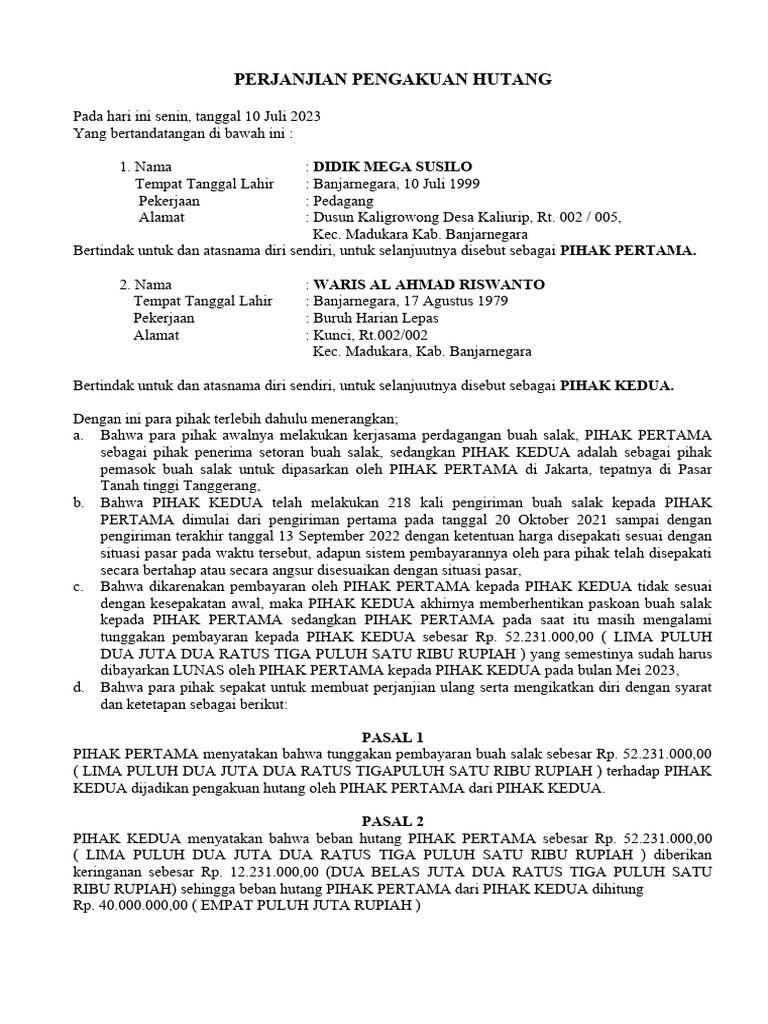 Perjanjian Pengakuan Hutang | PDF