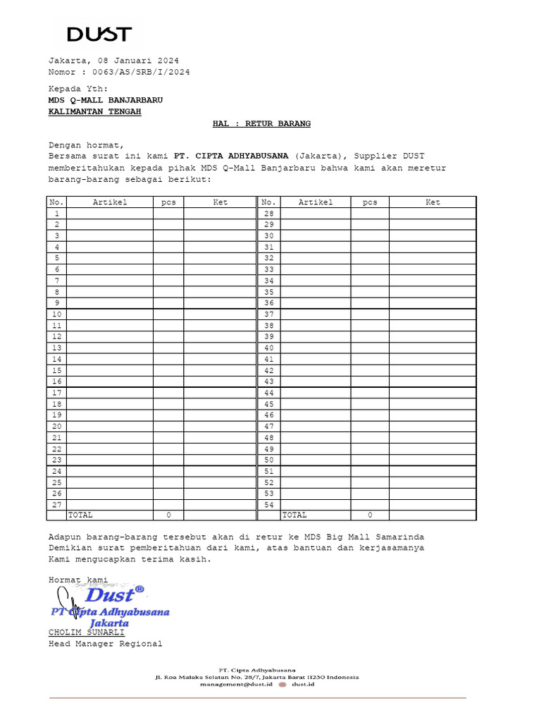 Surat Retur Barang Mds Q Mall Banjarbaru Ke Mds Big Mall Samarinda | PDF