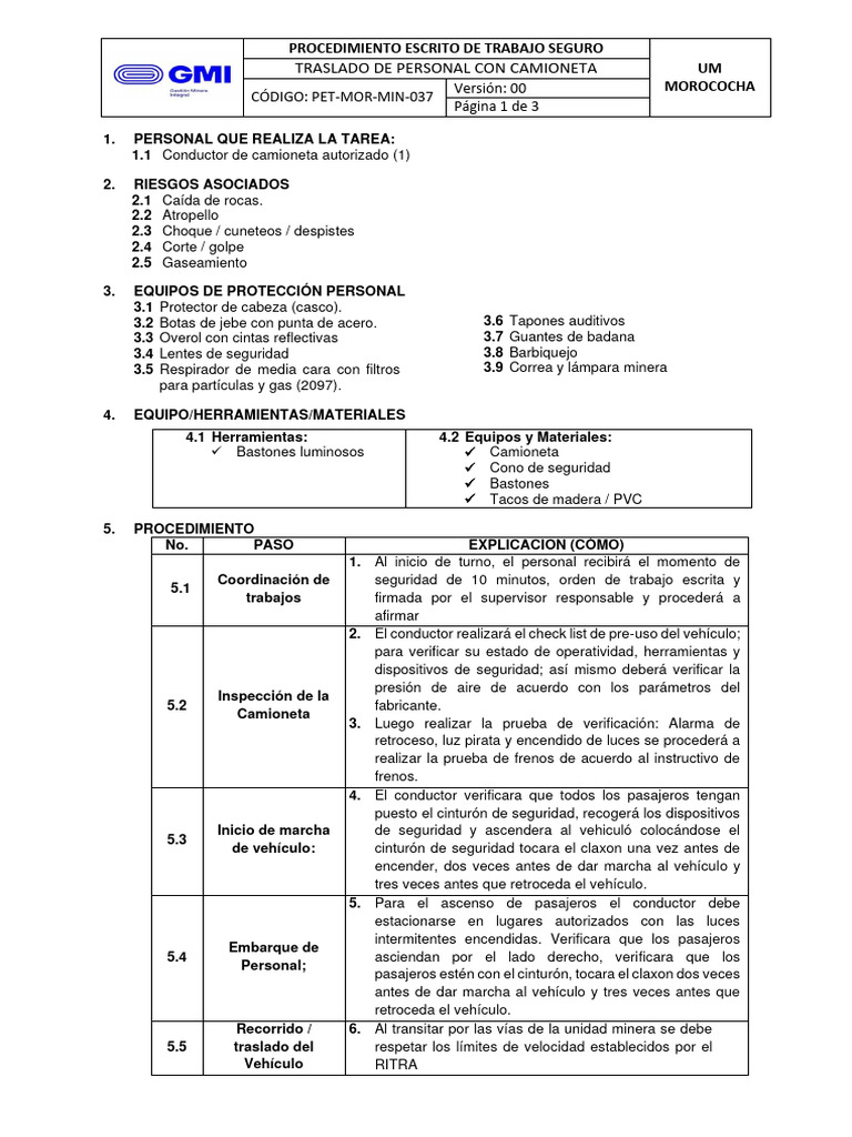 PET-MOR-MIN-037 Traslado de Personal Con Camioneta | PDF | Tecnología de vehículos | Vehículos