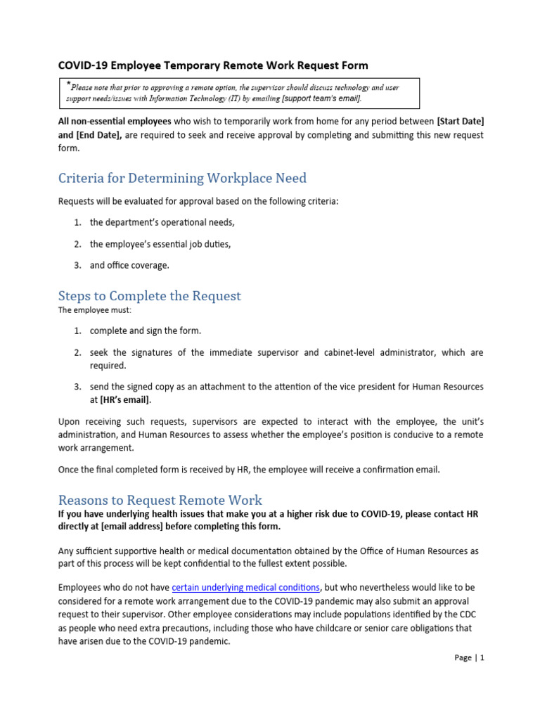 COVID-19-Temporary-Remote-Work-Request-Form | PDF | Employment | Human ...