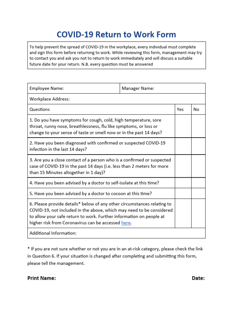 COVID-19 Return To Work Form | PDF | Career & Growth | Business