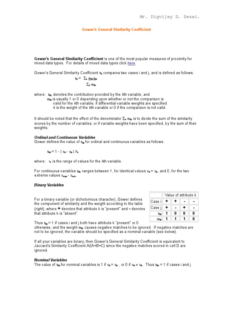 Gower's Similarity Coefficient | PDF | Data Type | Cluster Analysis