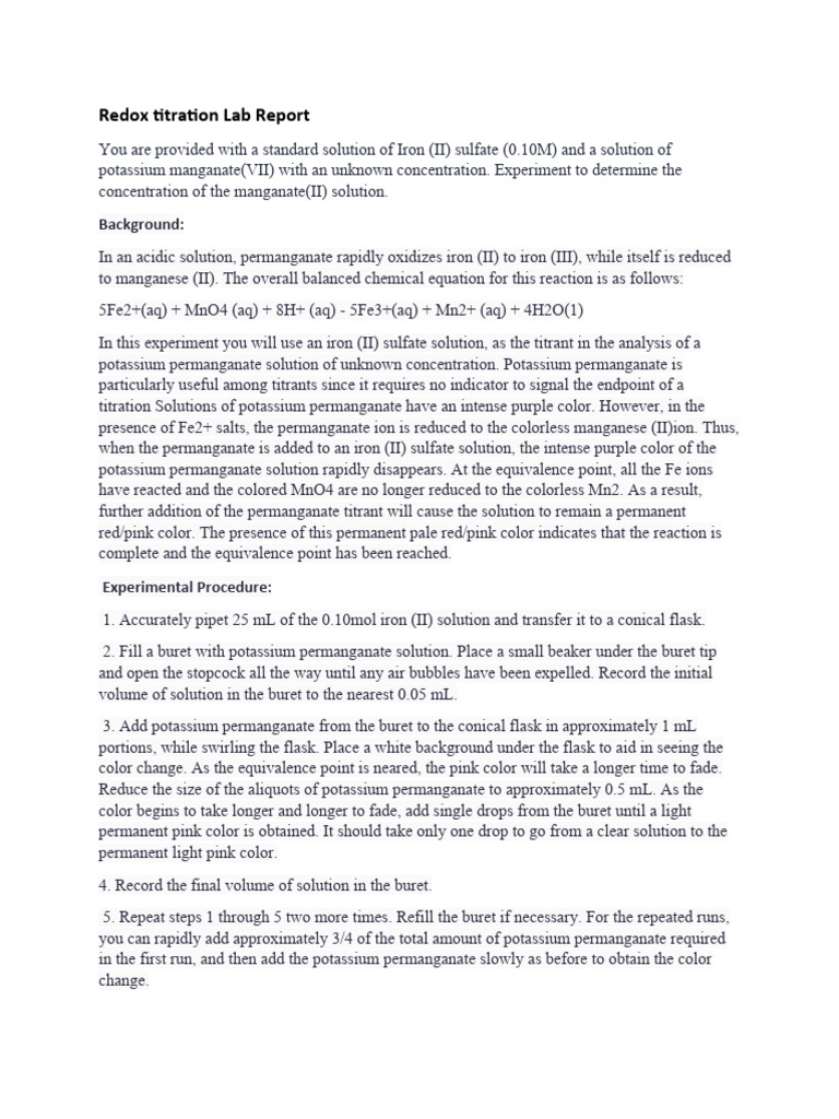 Redox Titration Lab Report | PDF | Titration | Chemistry