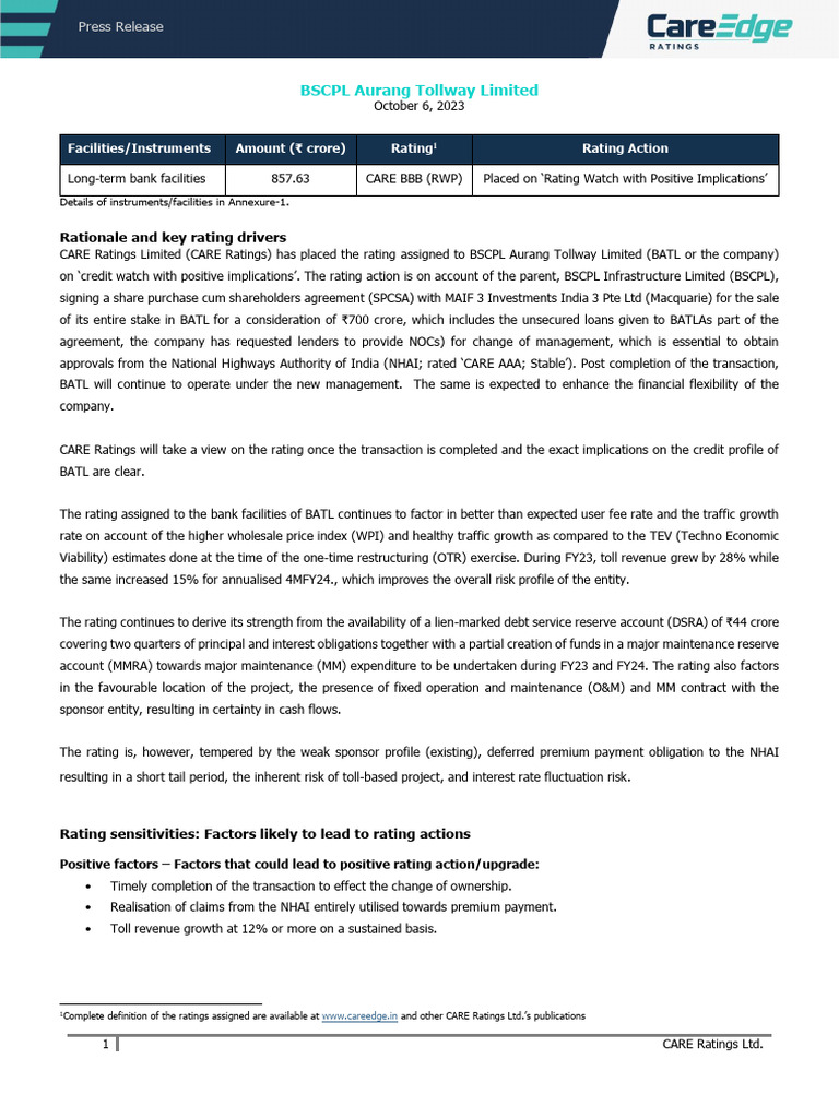 BSCPL Aurang Tollway Limited | PDF | Financial Capital | Interest