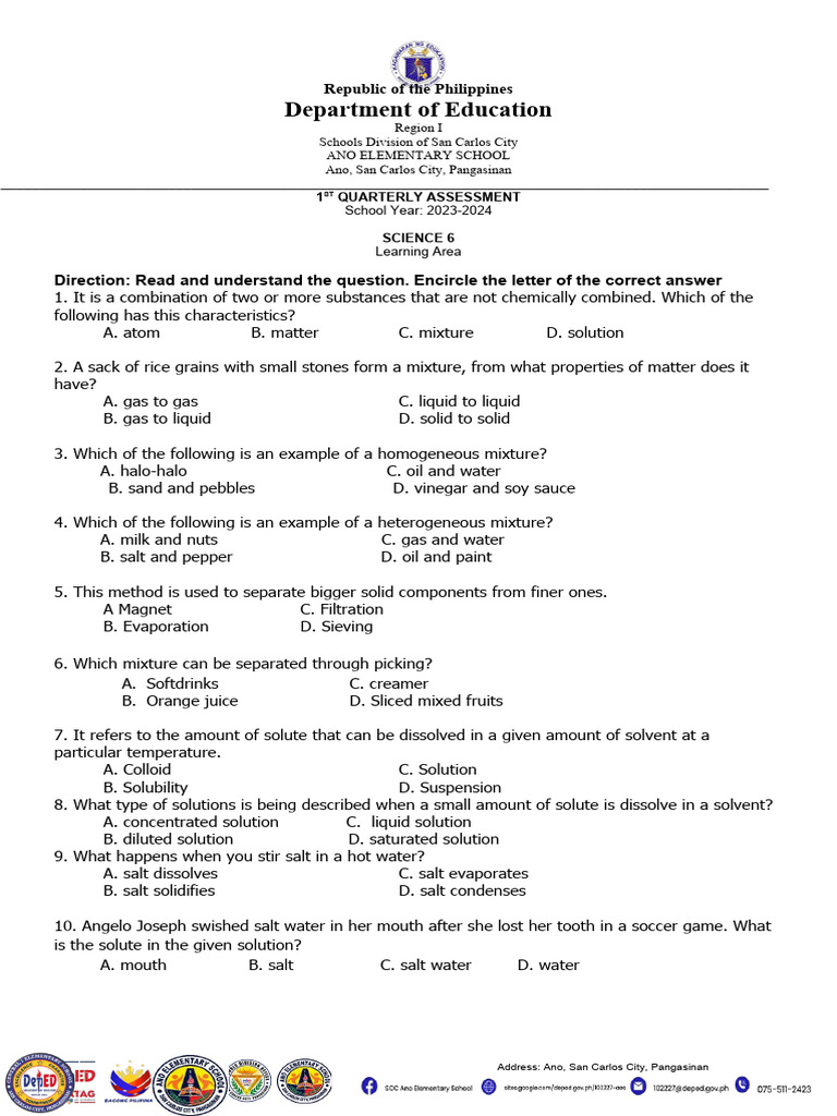 Science 6 q1 | PDF | Colloid | Mixture