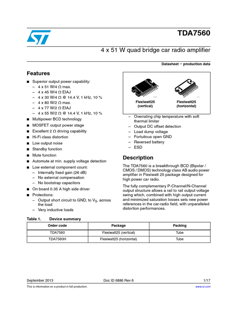 Tda 7560 | PDF | Mosfet | Amplifier