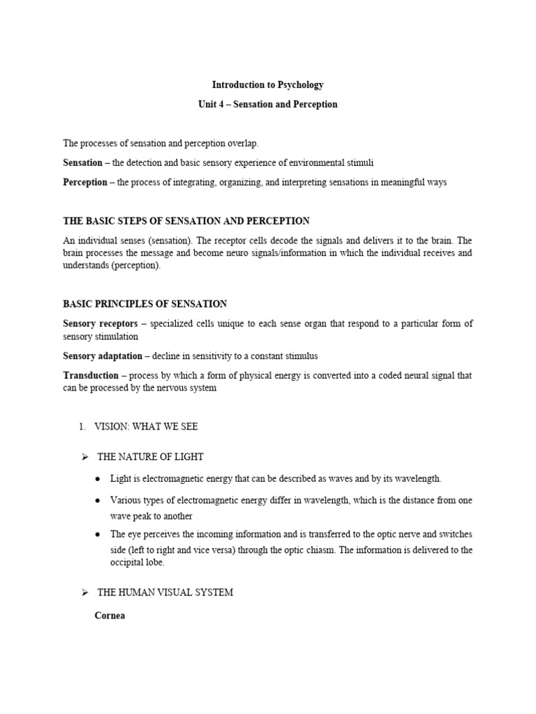 UNIT 4 - Sensation and Perception | PDF | Senses | Visual Perception
