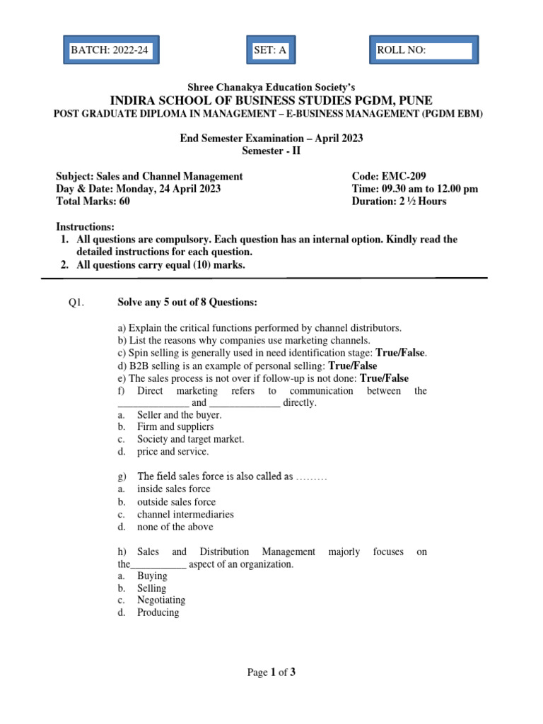 22-24 Sem II End Sem April 2023 PGDM E-Business EMC-209 Sales & Channel ...