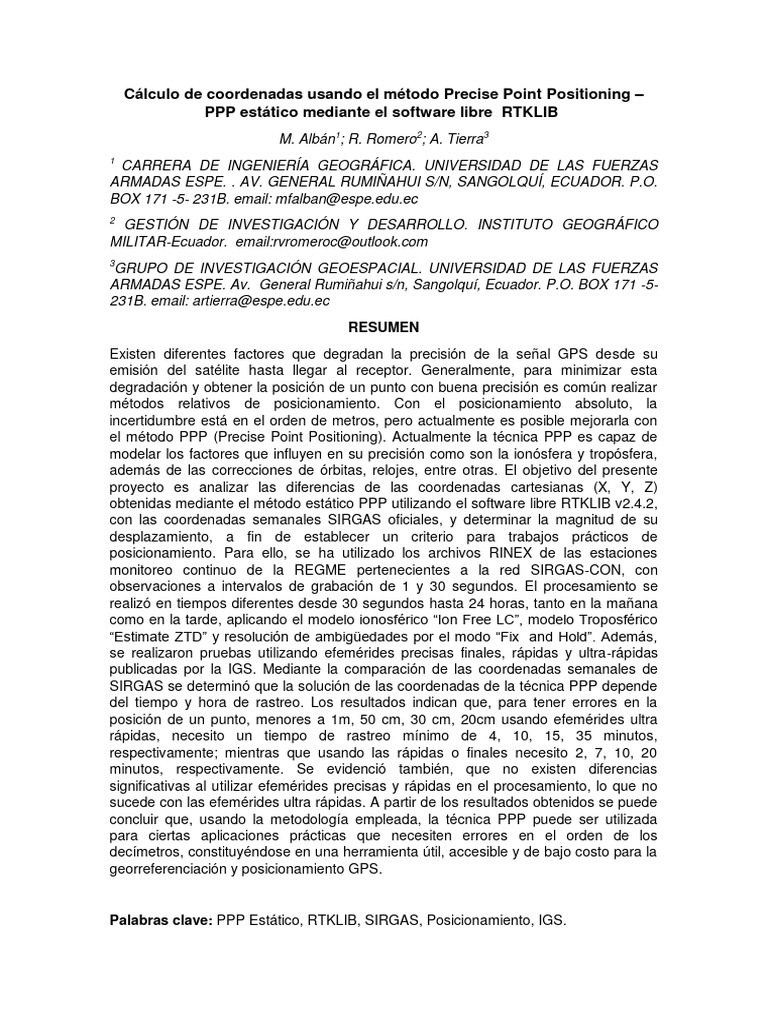 Calculo de Coordenadas Usando El Metodo Precise Point Positioning PPP Estatico Mediante El ...
