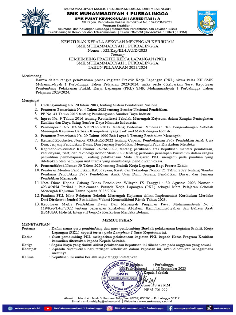 3 - SK PEMBIMBING PKL 2023.2024 - SMK Muh. 1 Purbalingga | PDF