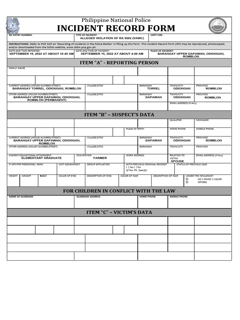Revised Incident Record Form-VAWC | PDF | Legal Action | Justice