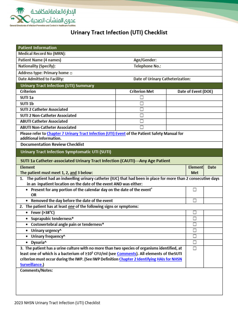 2023 NHSN UTI Checklist Guide | PDF | Urinary Tract Infection ...
