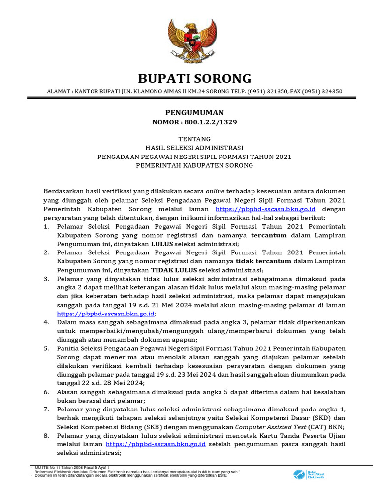 Pengumuman Seleksi Adm Seleksi PNS Formasi 2021 Kab Sorong | PDF
