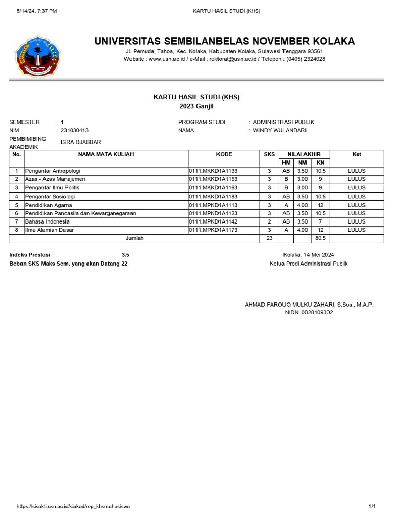 Kartu Hasil Studi (KHS) | PDF